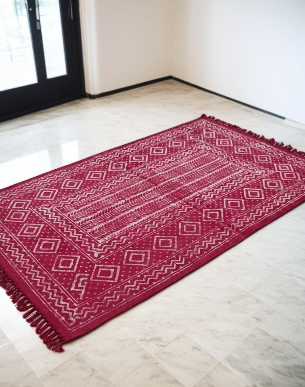 Fushia Kaira Cotton Woven Dabu Printed Dhurrie