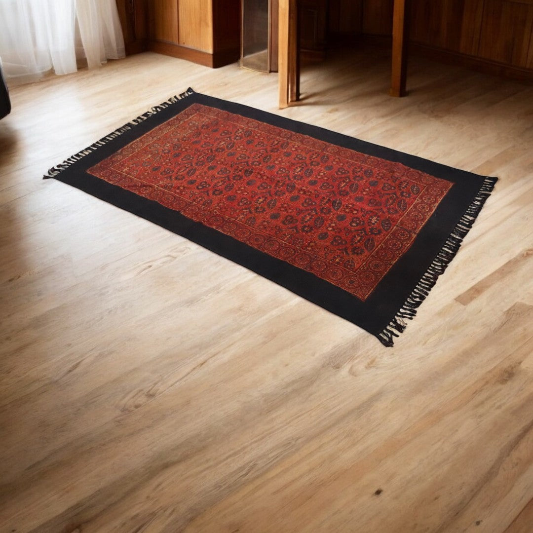 Red Ajrakh Cotton Woven Block Printed Dhurrie