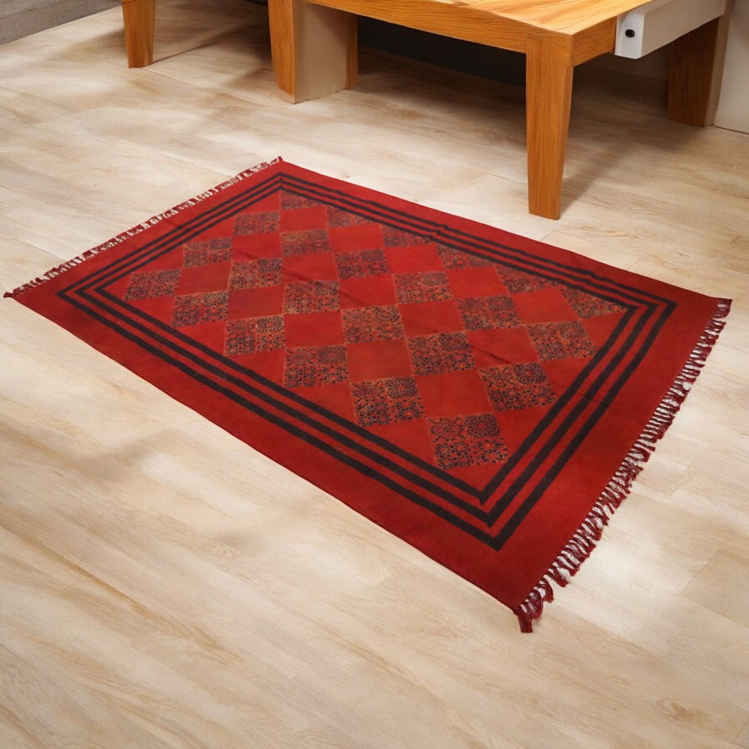 Darsa Ajrakh Cotton Woven Block Printed Dhurrie