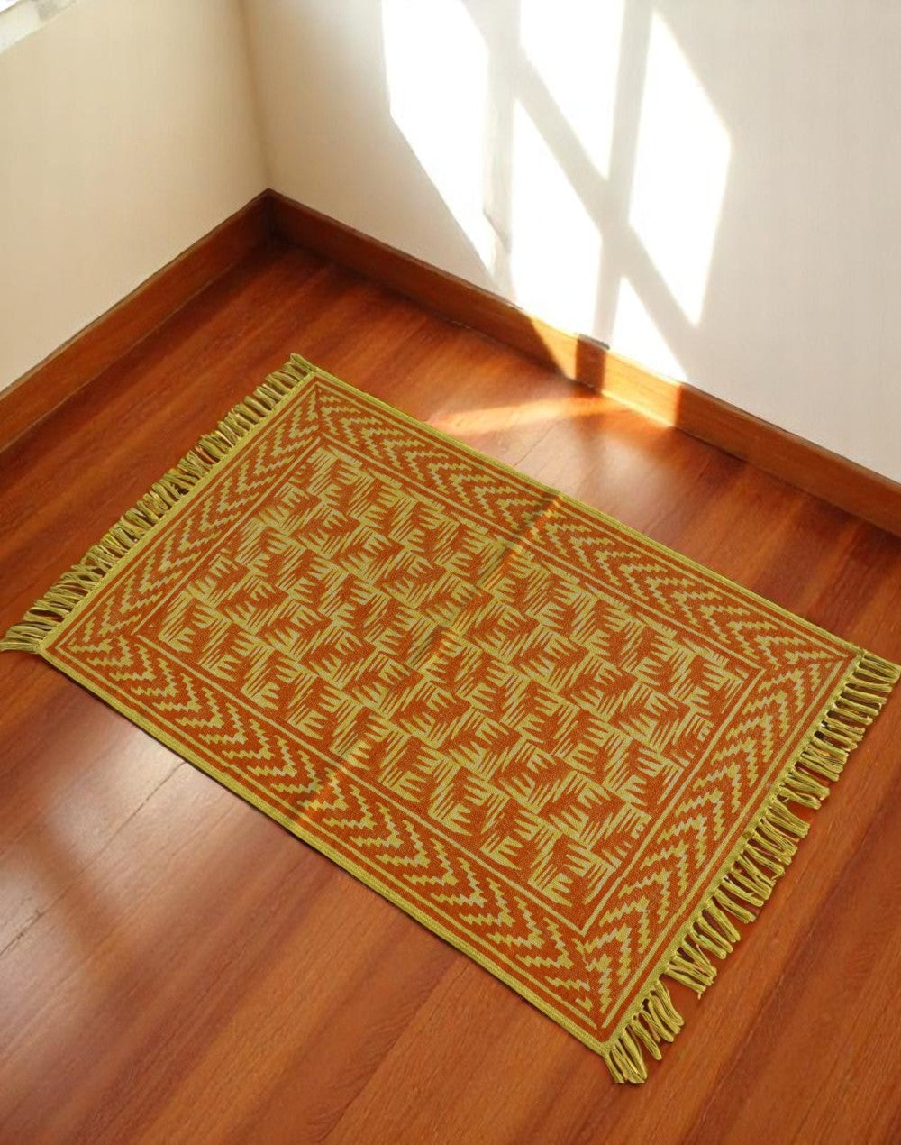 Cotton Yellow Dabu Printed Dhurrie – Dhaaga Weaves